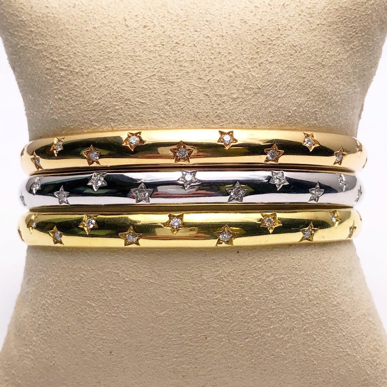 Set of 3 18 Karat Tri-Colored Gold and 2.04 Carat Diamond Star Bangles ...
