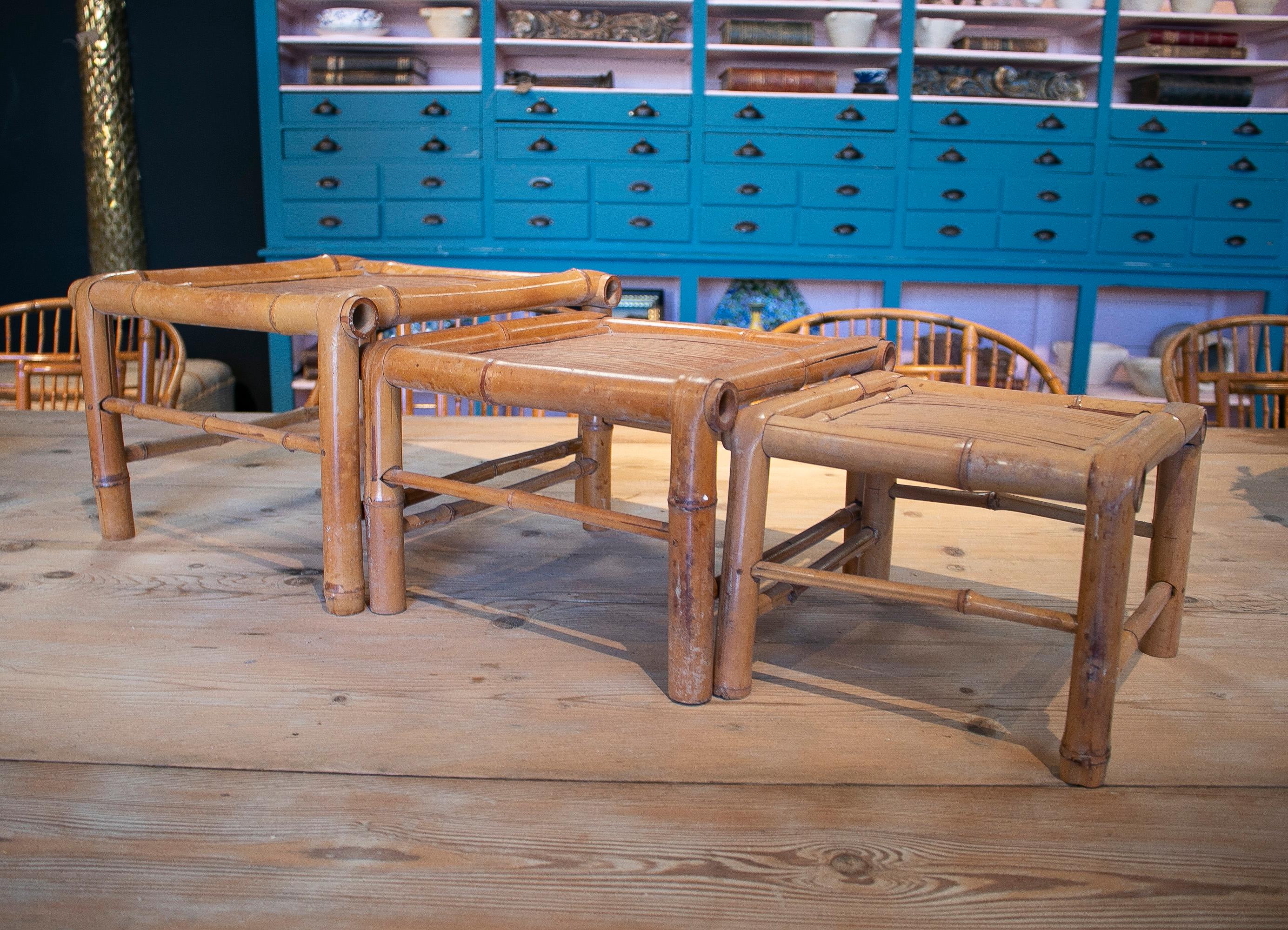 Set of 3 1970s Chinese Hand Woven Bamboo Nesting Tables For Sale at 1stDibs