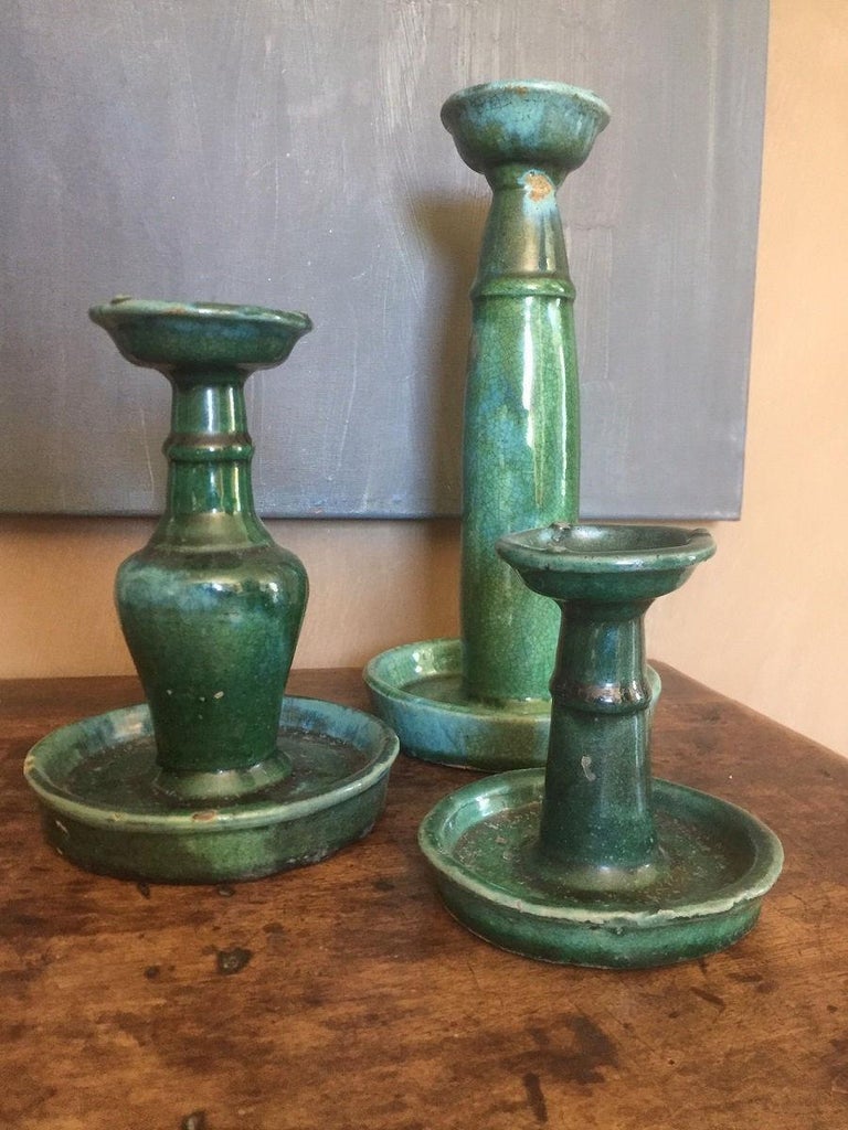 Set of 3 Early 20th Century Chinese Green Glazed Candlesticks For Sale ...