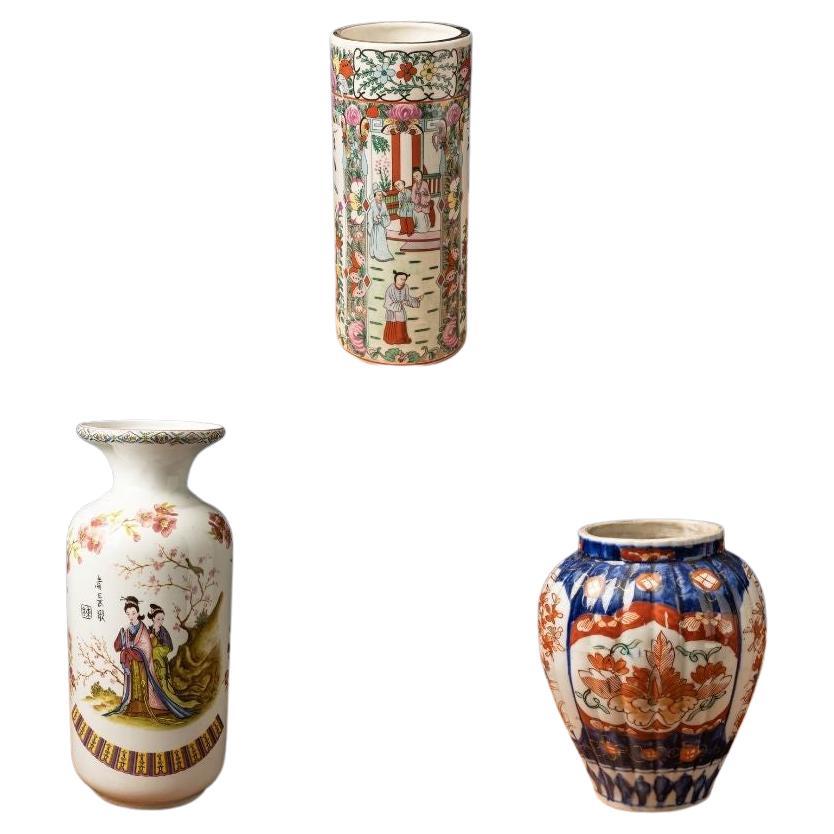 Unique Set of 3 Very Colorful Hand Painted Ceramic Vases with Floral ...