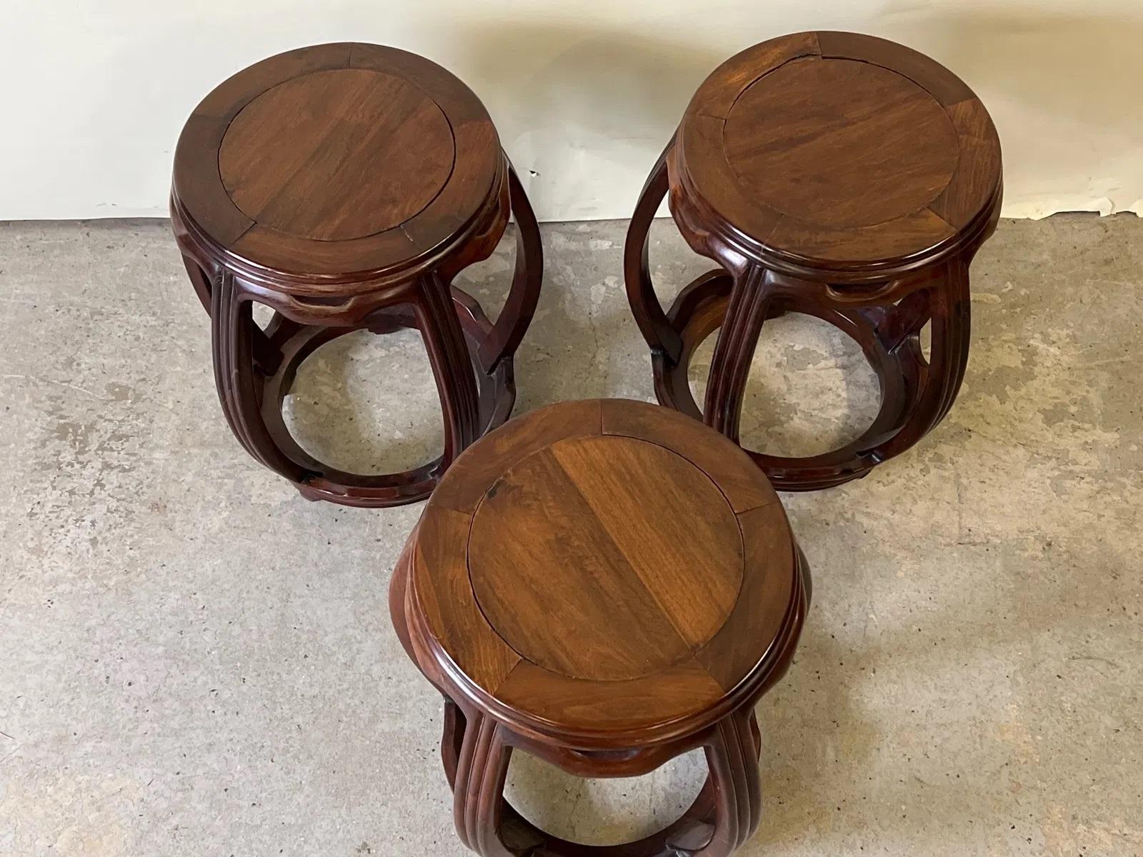 Set of 3 Chinese Rosewood Garden Stools or Side Tables For Sale at 1stDibs