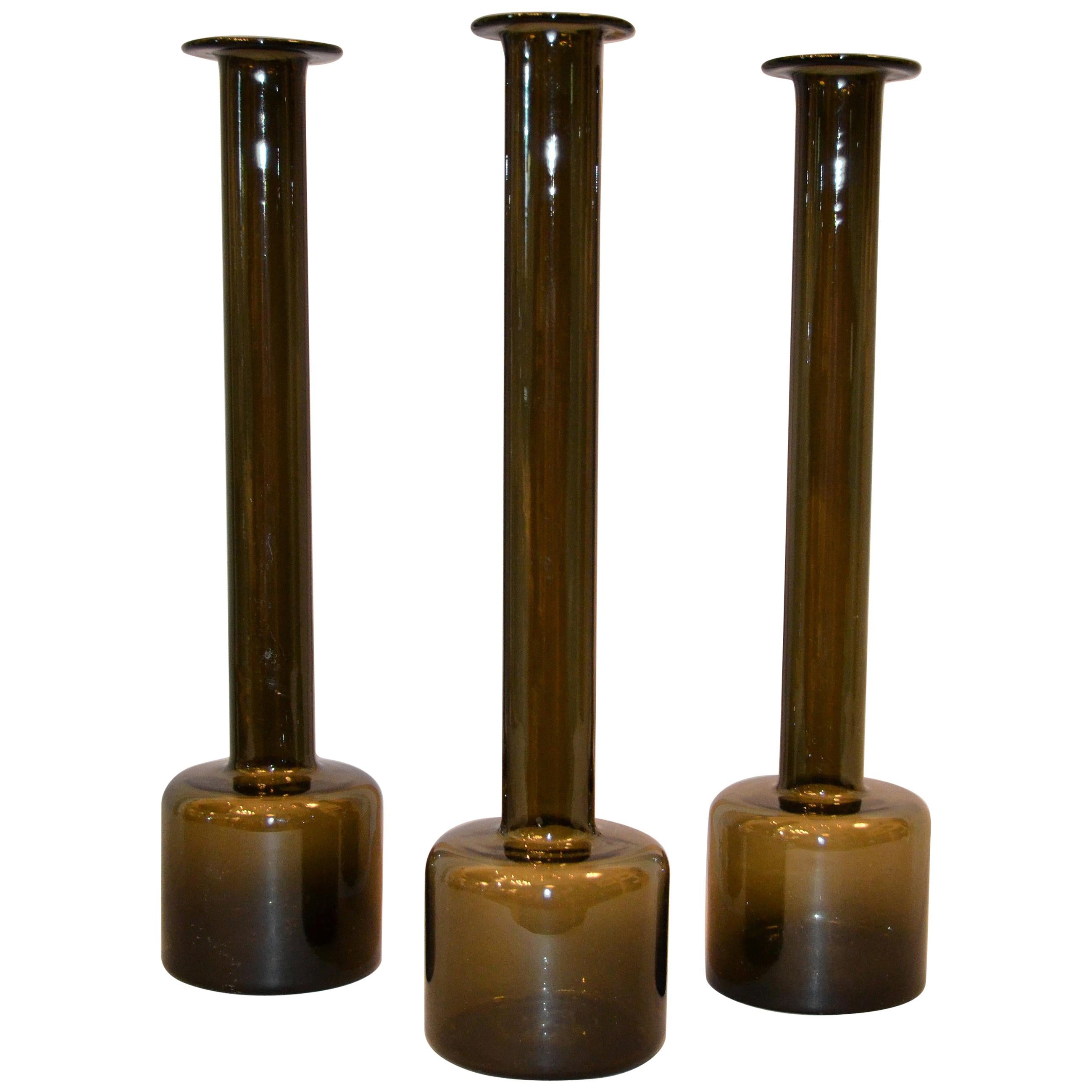 Set of 3 Danish Modern Tall Hand Blown Smoke Black Glass Vases For Sale ...