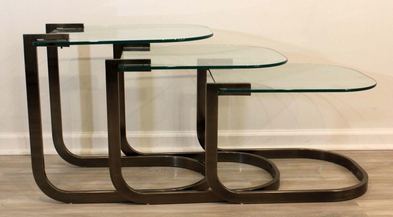 Set of 3 DIA Nesting Stacking Tables Glass and Brushed Pewter For Sale ...