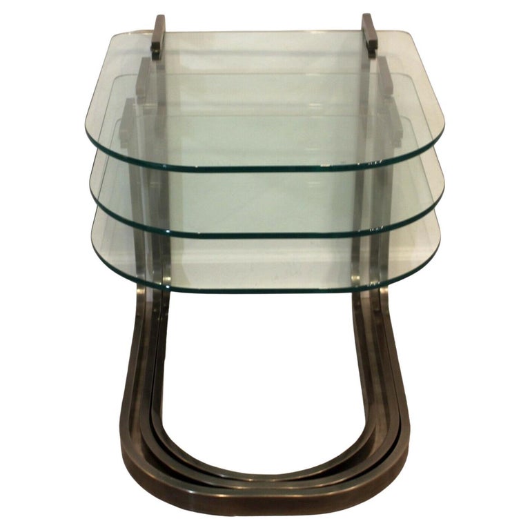 Set of 3 DIA Nesting Stacking Tables Glass and Brushed Pewter For Sale ...