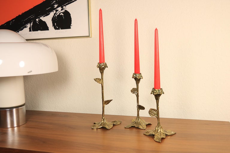 Set of 3 Floral Candlesticks, Hollywood Regency Style, Brass, 1970s For Sale at 1stDibs