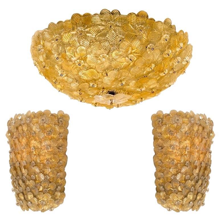 Set of 3 Flower Light Fixtures by Barovier and Toso, Murano, 1990s For ...