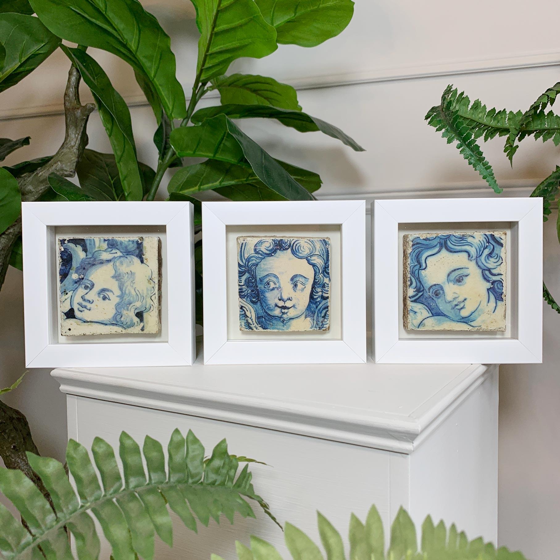 Set of 3 Framed Antique Portuguese Baroque Putti Tiles For Sale at 1stDibs