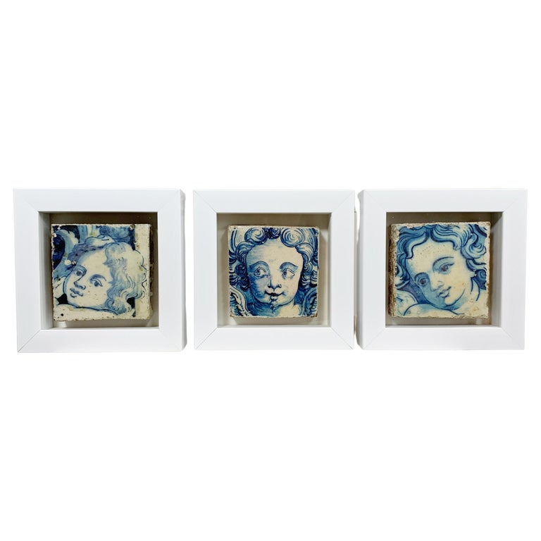 Set of 3 Framed Antique Portuguese Baroque Putti Tiles For Sale at 1stDibs