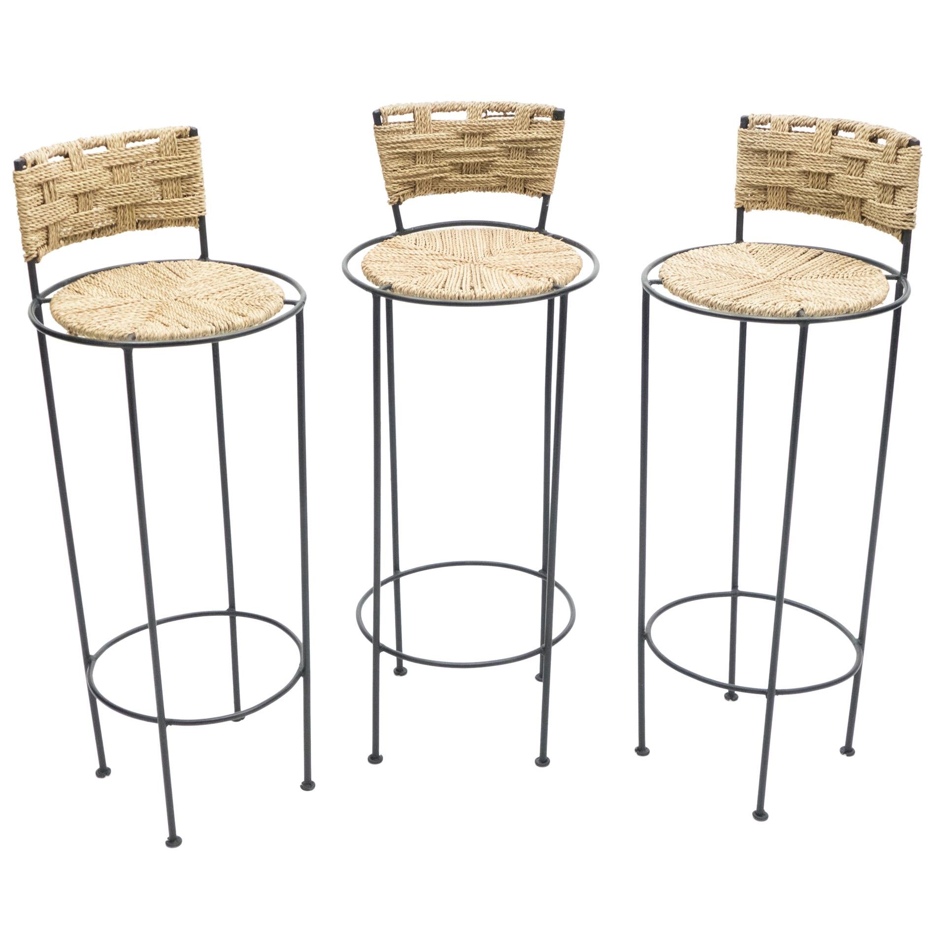 Set of 3 French Bar Stools Rope and Metal by Audoux Minet, 1950s at 1stDibs