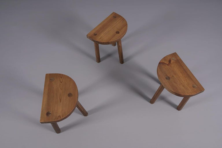 Set of 3 French Mid-Century Modern Wooden Stools, 1960s at 1stDibs