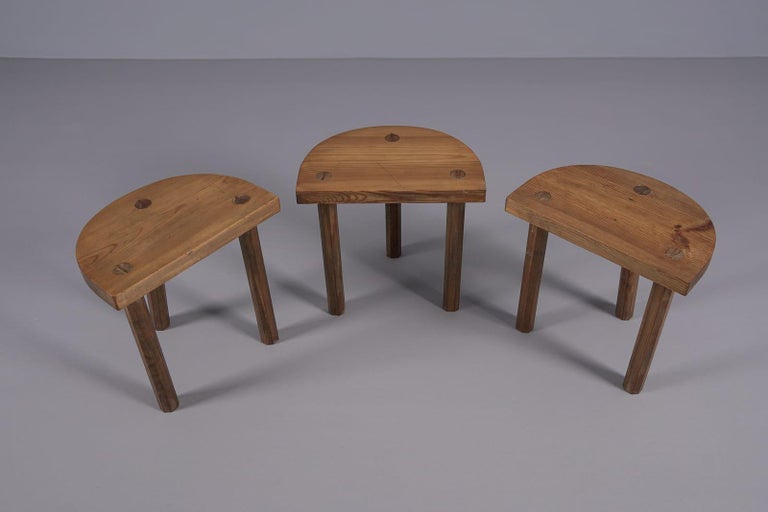 Set of 3 French Mid-Century Modern Wooden Stools, 1960s at 1stDibs