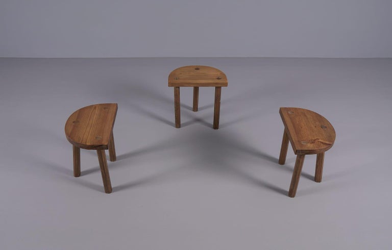 Set of 3 French Mid-Century Modern Wooden Stools, 1960s at 1stDibs