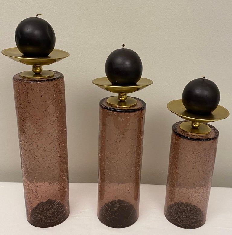 Set of 3 Glass and Brass American Modernist Candleholders, Purple Gold ...