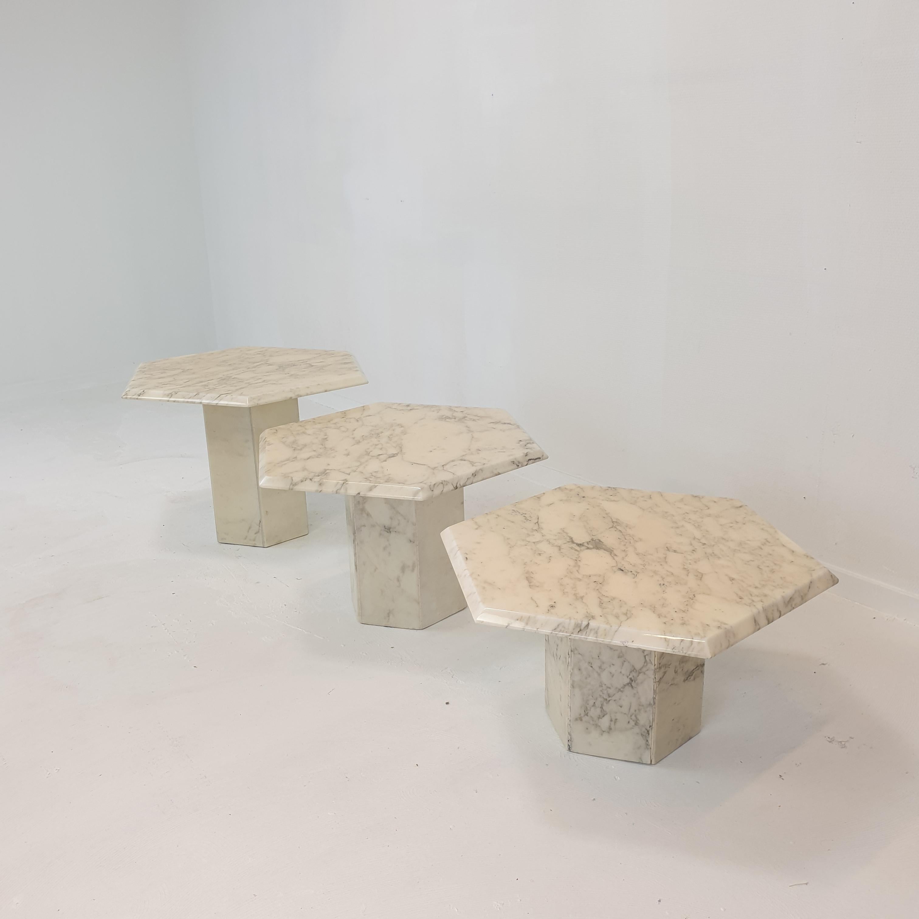 Set of 3 Italian Carrara Marble Side Tables, 1980s at 1stDibs