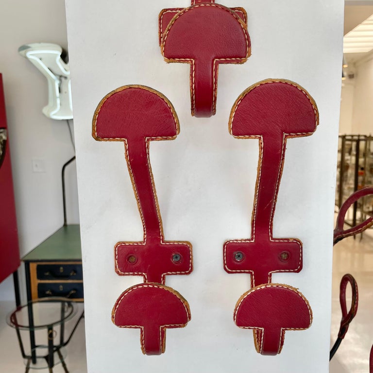 Set of 3 Jacques Adnet Red Leather Coat Hooks, 1950s France For Sale at ...
