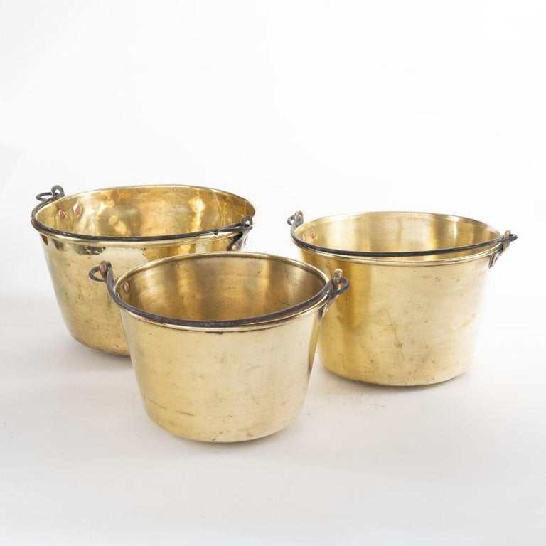 Set of 3 Late 19th Century Assembled Spun Brass Buckets with Steel Wire ...