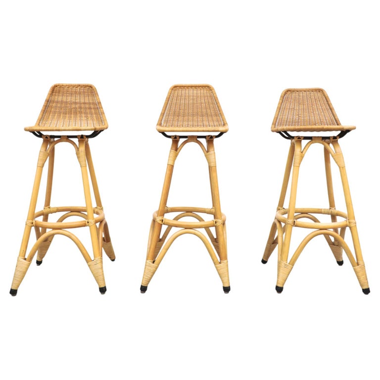 Set of 3 Mid-Century Bamboo Bar Stools at 1stDibs