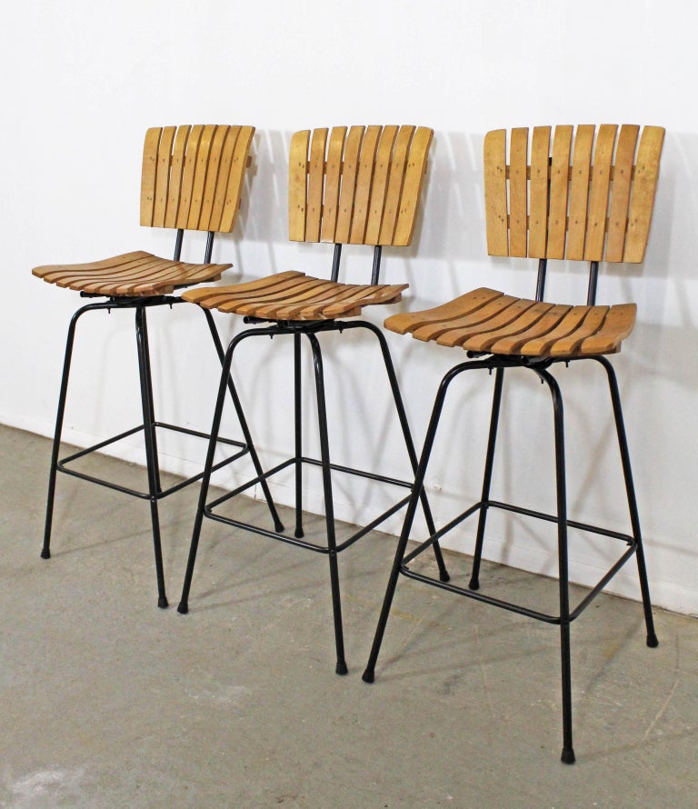 Set of 3 Mid-Century Modern Arthur Umanoff Style Swivel Slat Bar Stools ...