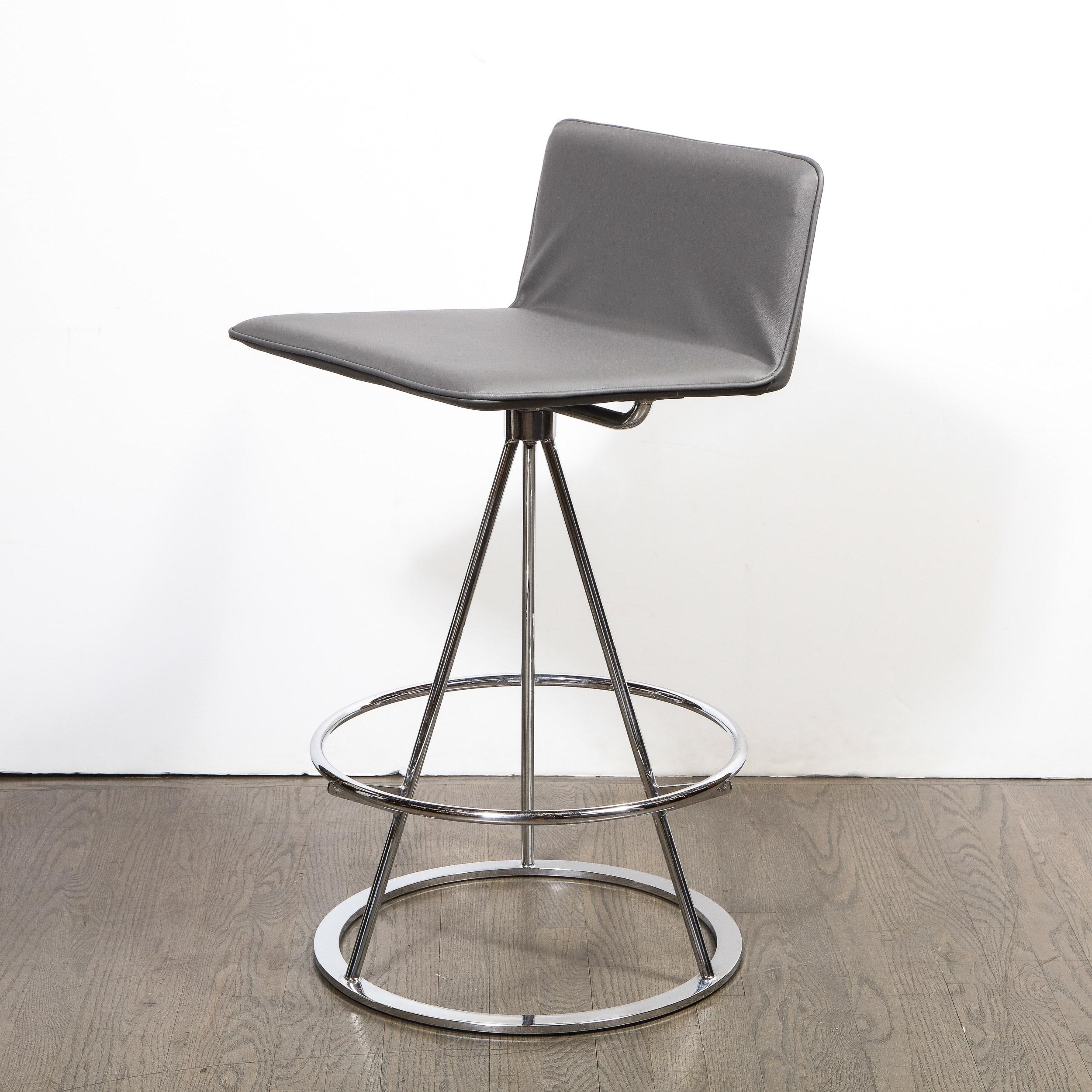 Set of 3 Mid-Century Modern Chrome and Gray Leather Geometric Swivel ...