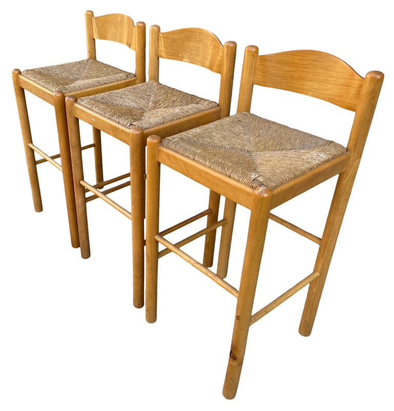 Set of 3 Mid Century Modern Maple and Rush Bar Stools at 1stDibs