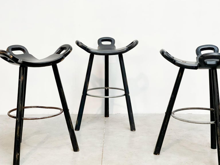 Set of 3 Midcentury Spanish Bar Stools For Sale at 1stDibs