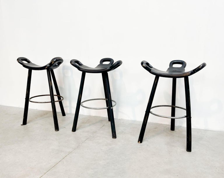 Set of 3 Midcentury Spanish Bar Stools For Sale at 1stDibs