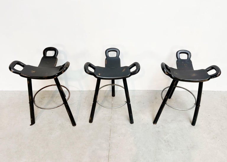 Set of 3 Midcentury Spanish Bar Stools For Sale at 1stDibs