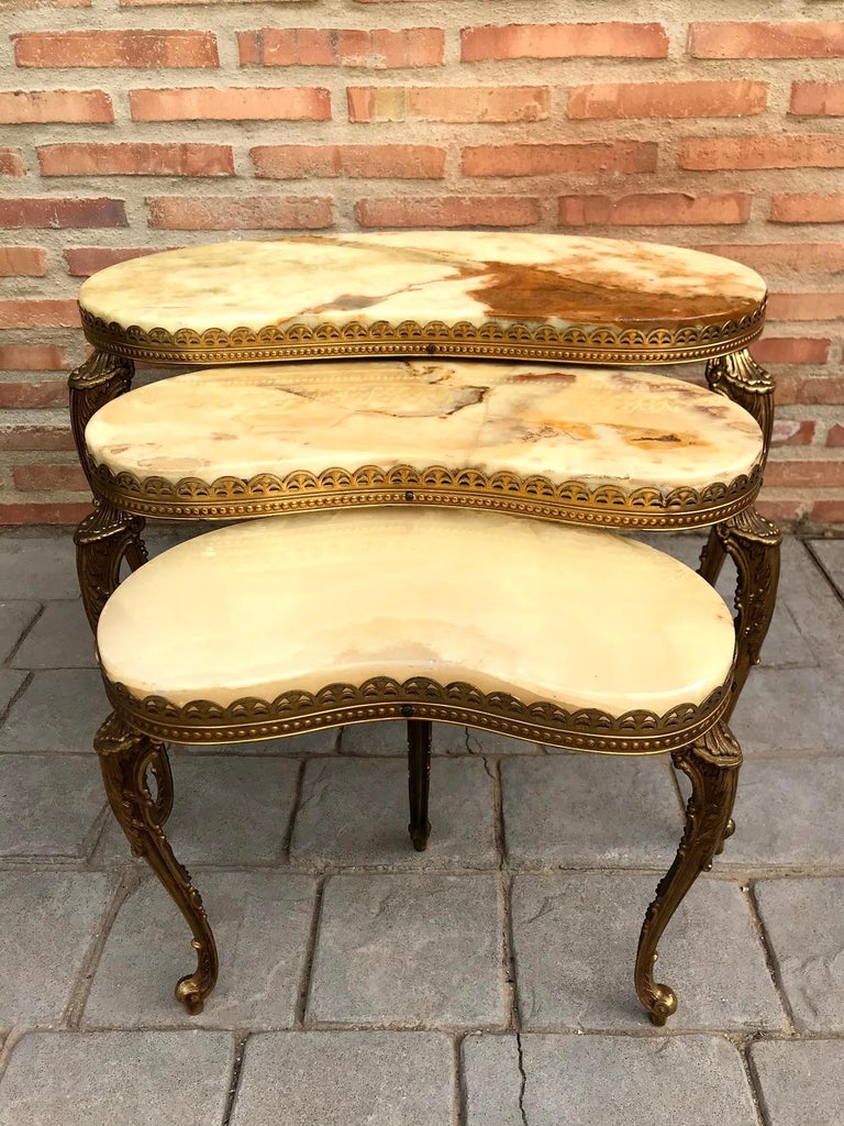 Set of 3 Nesting Onyx, Brass Kidney Shaped Coffee Side Tables, Italy ...