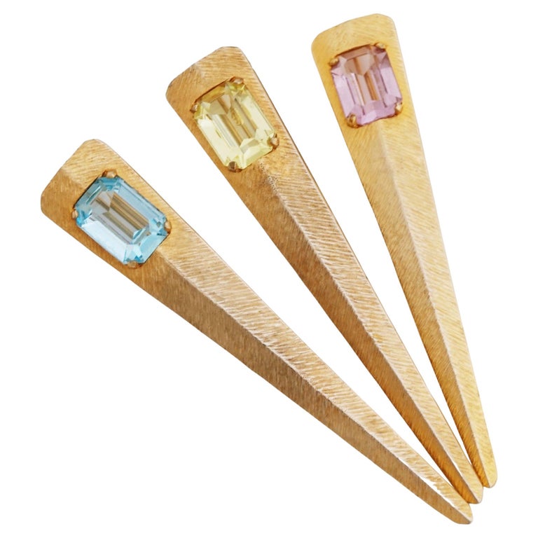 Set of 3 Pointed Gilt Brooches w Emerald Cut Pastel Crystals By ...