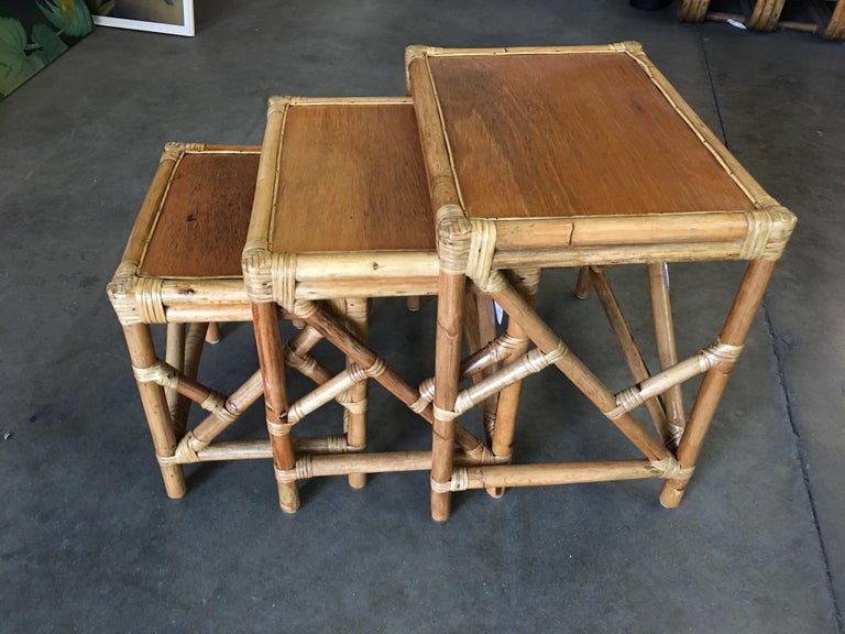 Set of 3 Rattan Nesting Side Tables with Mahogany Top and Fancy ...