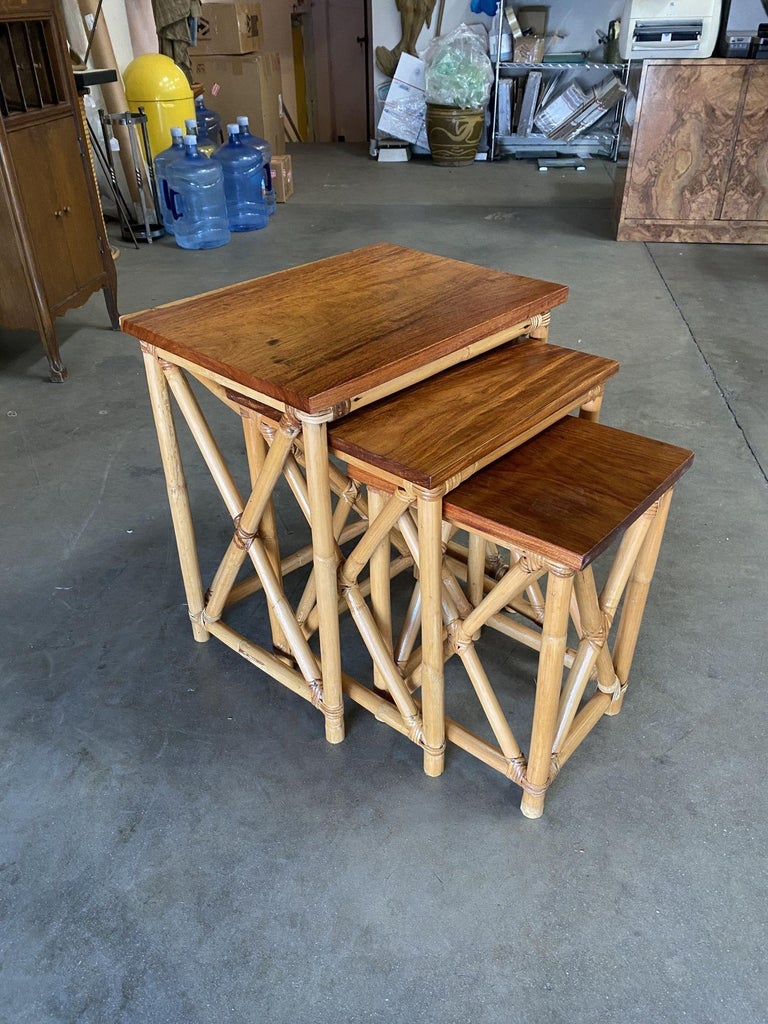 Restored Set of 3 Rattan Nesting X Side Tables with Mahogany Top For ...