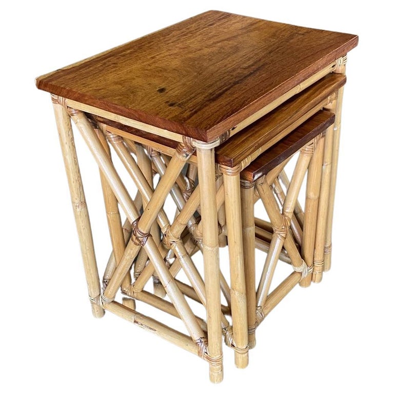 Restored Set of 3 Rattan Nesting X Side Tables with Mahogany Top For ...