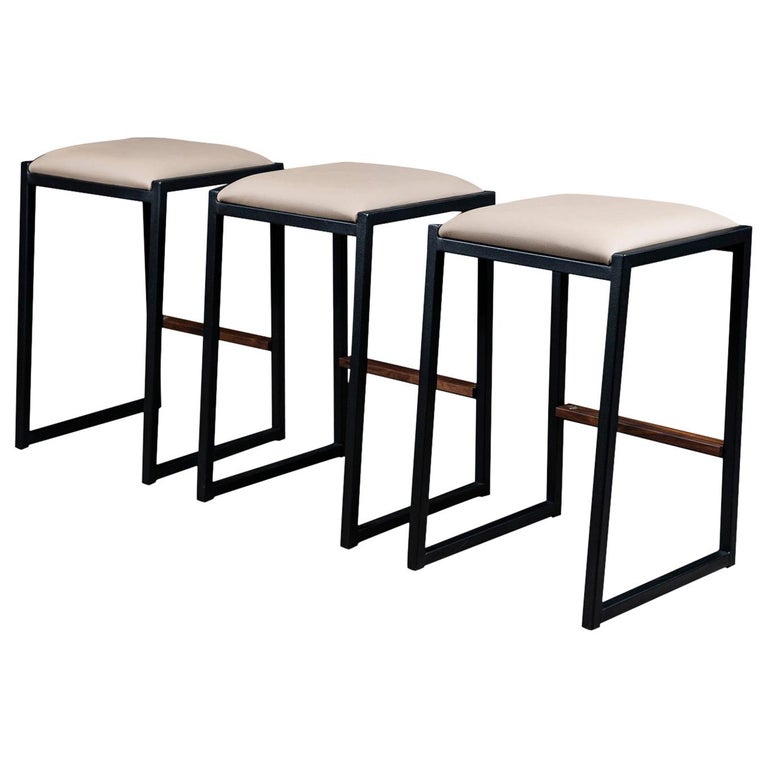 3x Shaker Backless Stool by Ambrozia, Walnut, Black Steel, Sandle Vinyl ...