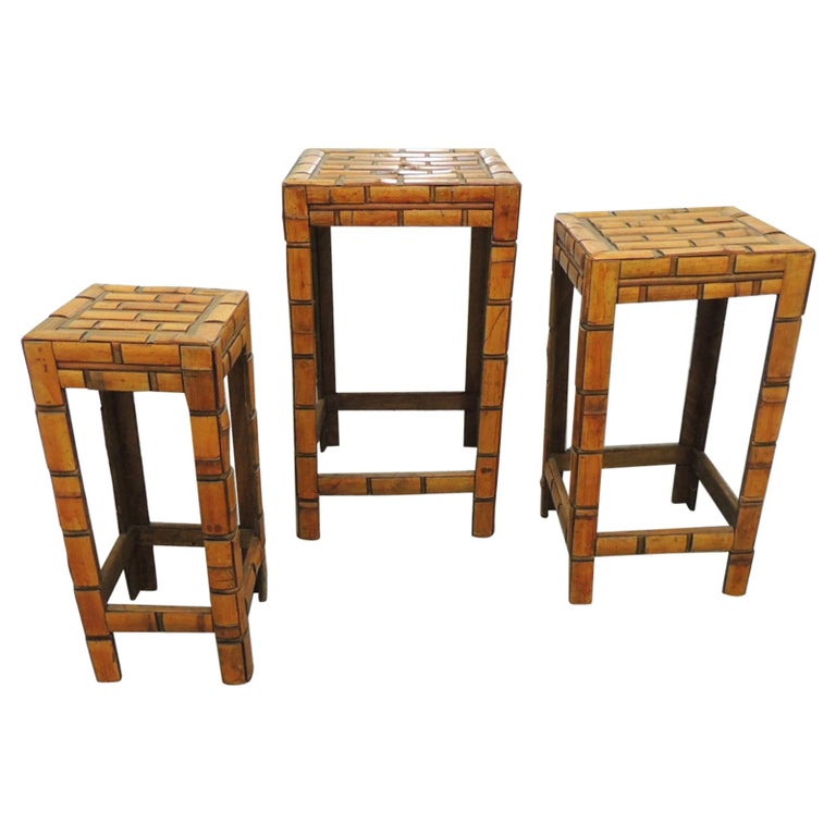 Set of '3' Slatted Asian Bamboo Stackable Side Tables For Sale at 1stDibs