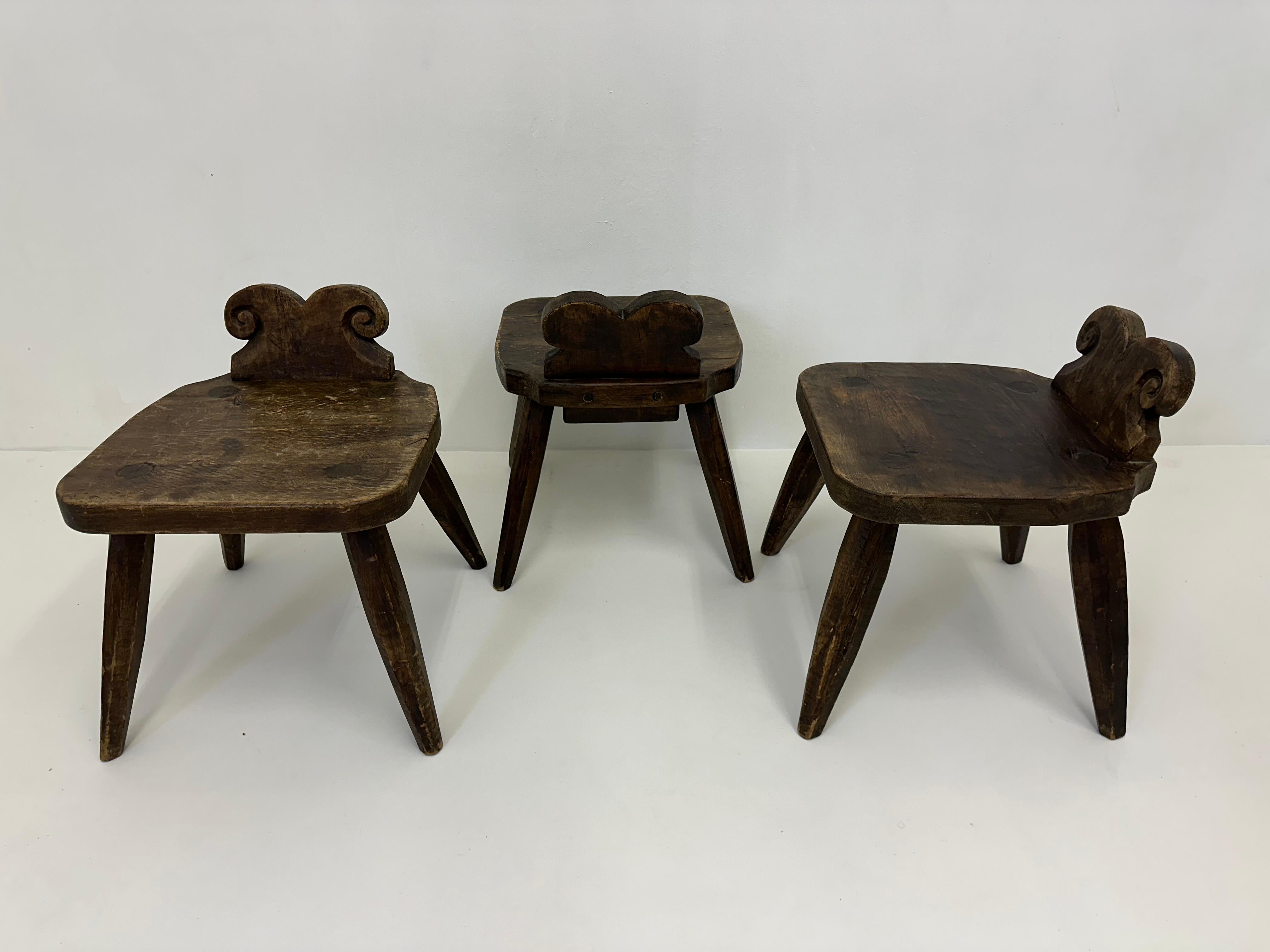 Set of 3 solid wooden brutalist stool , 1970’s For Sale at 1stDibs