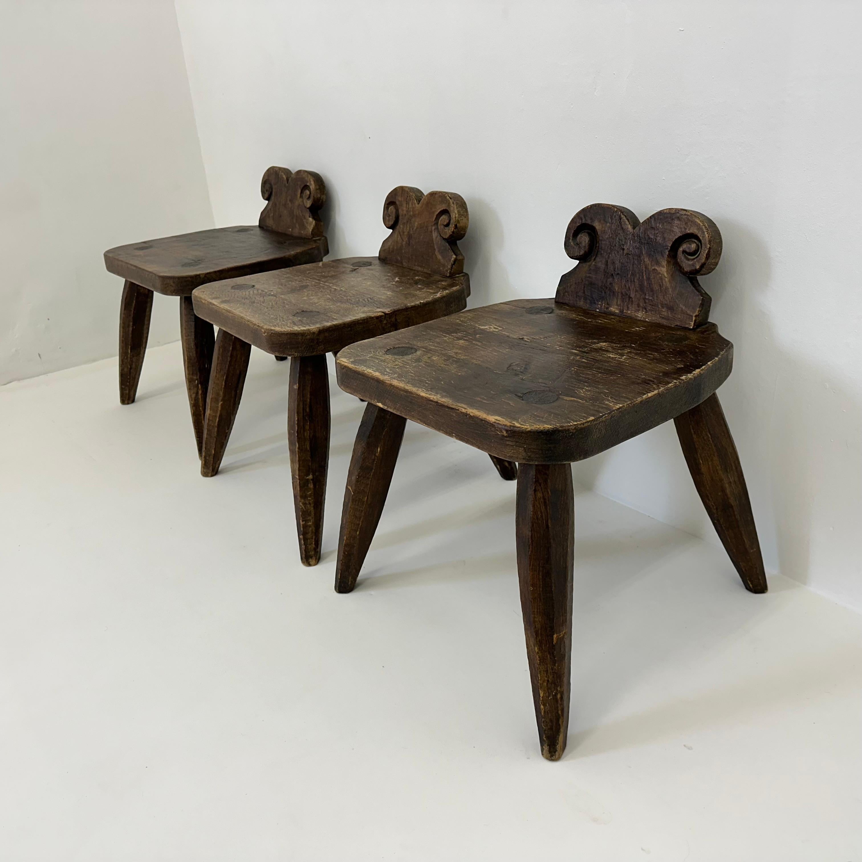 Set of 3 solid wooden brutalist stool , 1970’s For Sale at 1stDibs