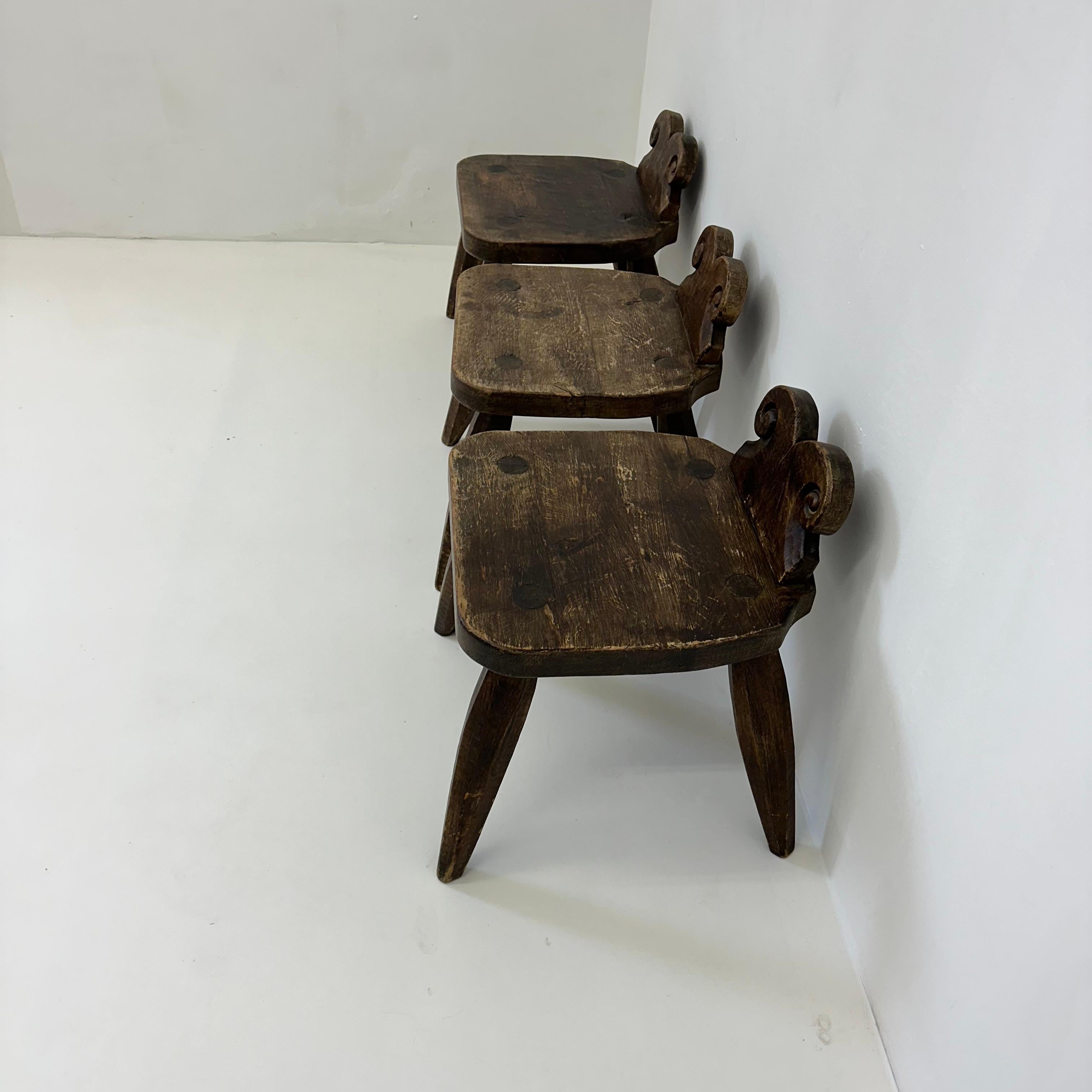 Set of 3 solid wooden brutalist stool , 1970’s For Sale at 1stDibs