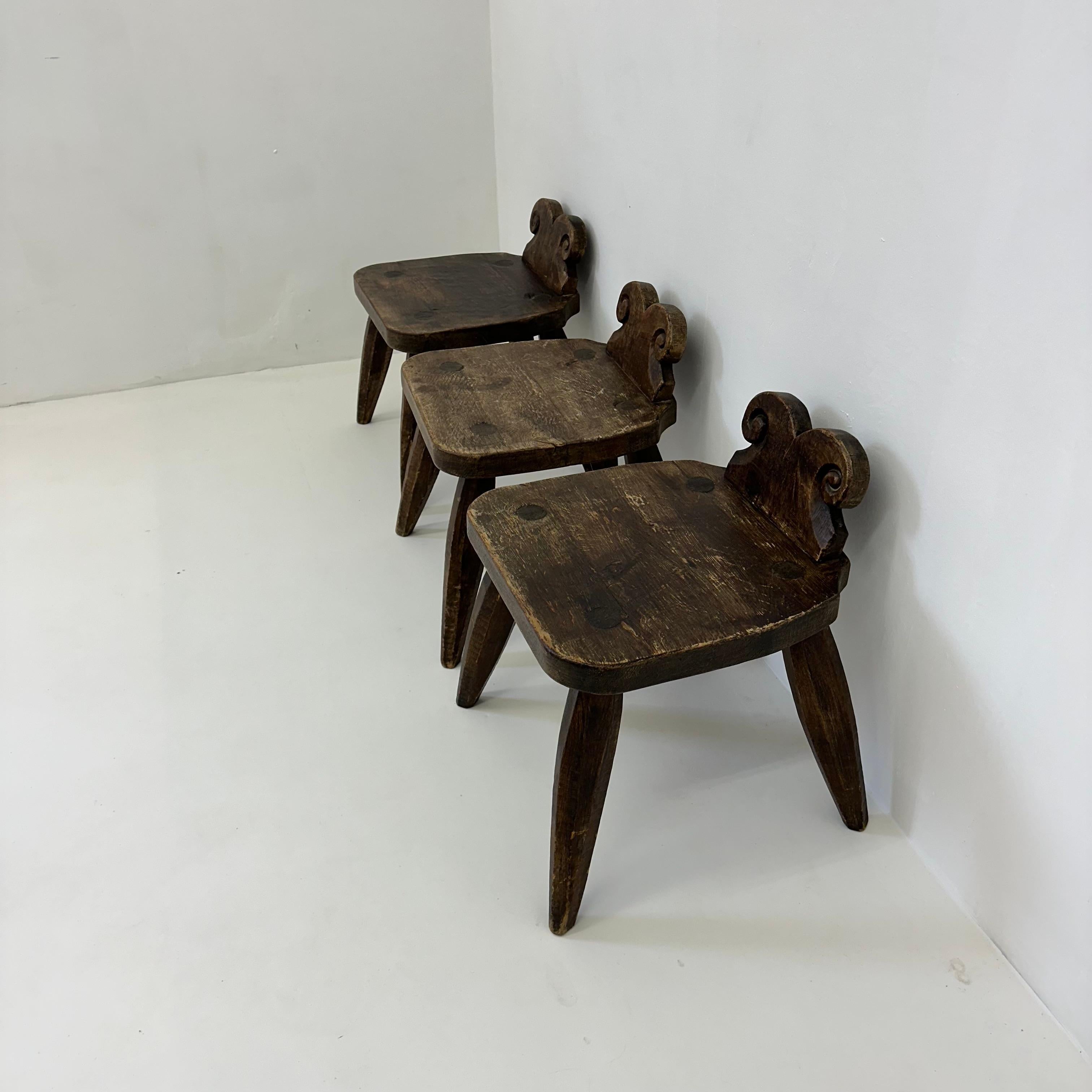 Set of 3 solid wooden brutalist stool , 1970’s For Sale at 1stDibs