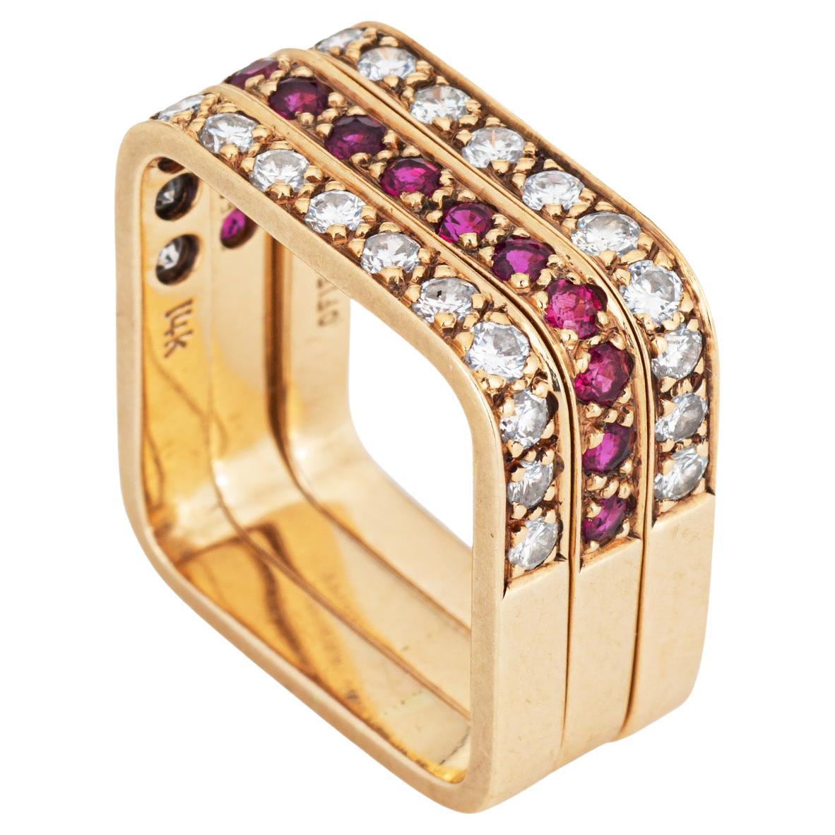Set of 3 Square Stacking Rings 6.5 Estate 14k Yellow Gold Diamond Ruby ...