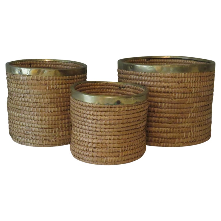 Set of 3 Vintage Planters in Reed and Brass, Italy, 1970s For Sale at ...