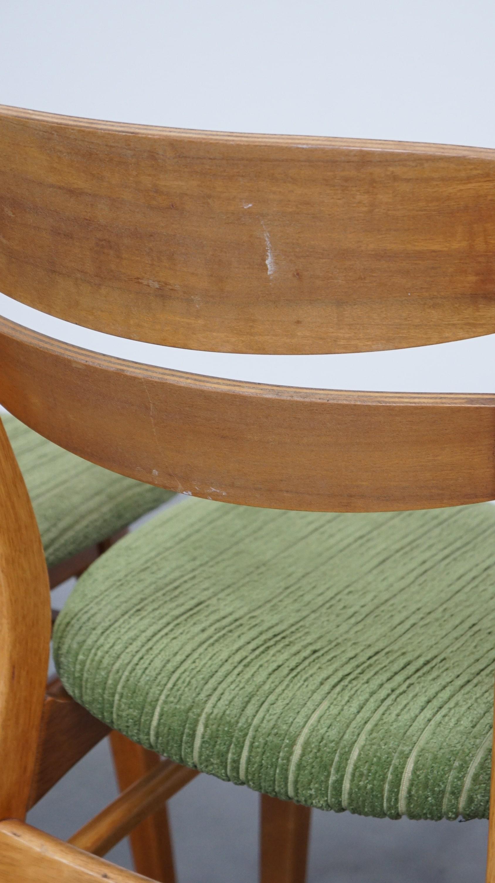 Set of 3 vintage wooden design dining room chairs with green fabric ...