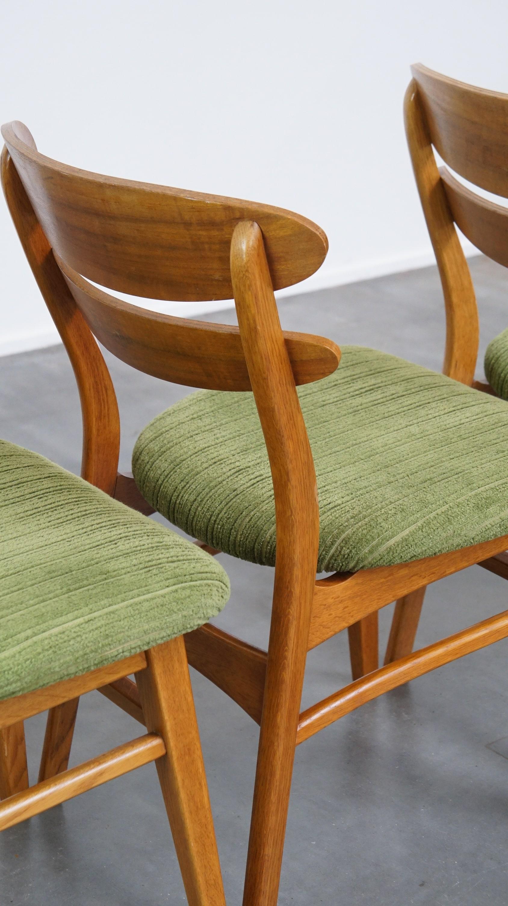 Set of 3 vintage wooden design dining room chairs with green fabric ...