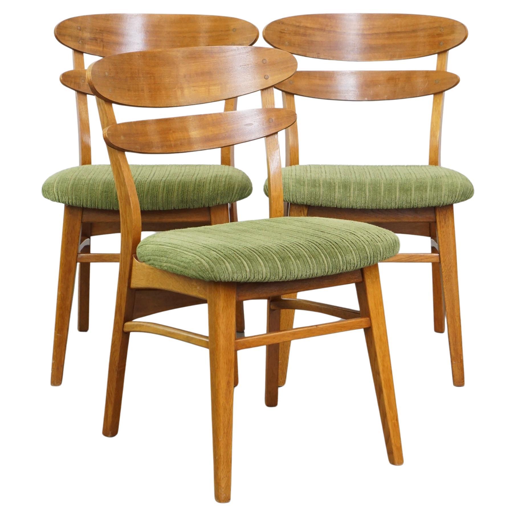 Set of 3 vintage wooden design dining room chairs with green fabric ...