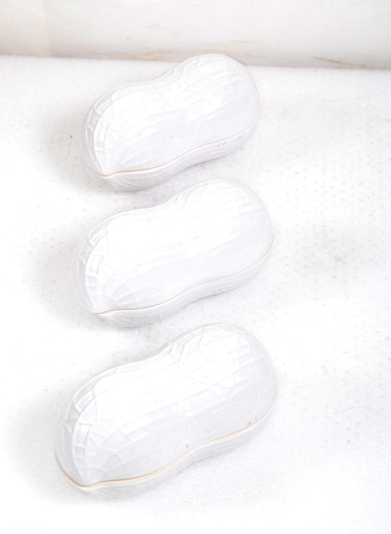 Set of 3 White Ceramic Peanut Trinket Boxes, Keepsake or Jewelry Boxes ...