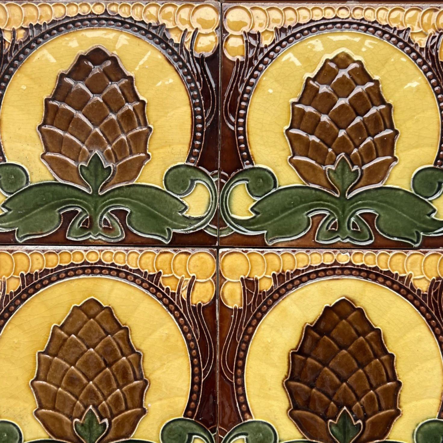 Set of 35 Pine Cone Art Nouveau Glazed Border Tiles by Le Glaive, 1920 ...