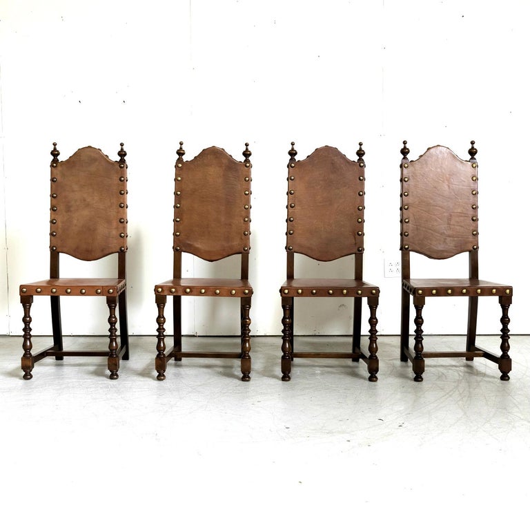 Set of 4 19th Century Spanish Baroque Style Leather and Walnut Side ...