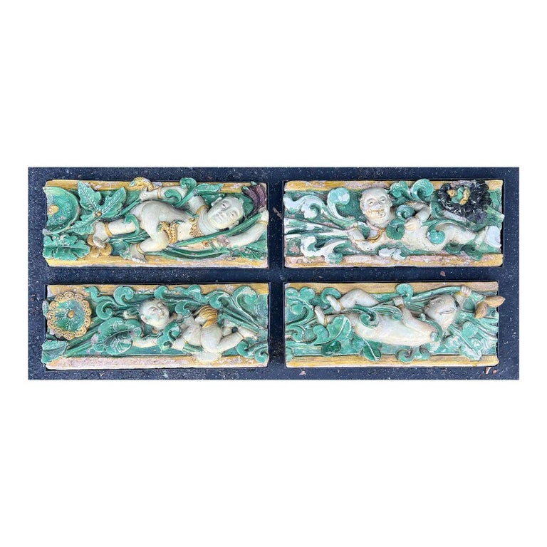 Set of 4 Antique Chinese Figural Architectural Tiles, 19th Century For ...