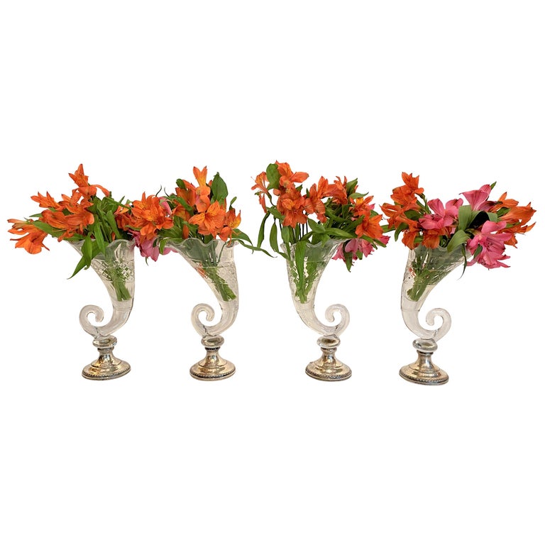 Set of 4 Antique Crystal Cornucopia Vases with Sterling Silver Bases ...