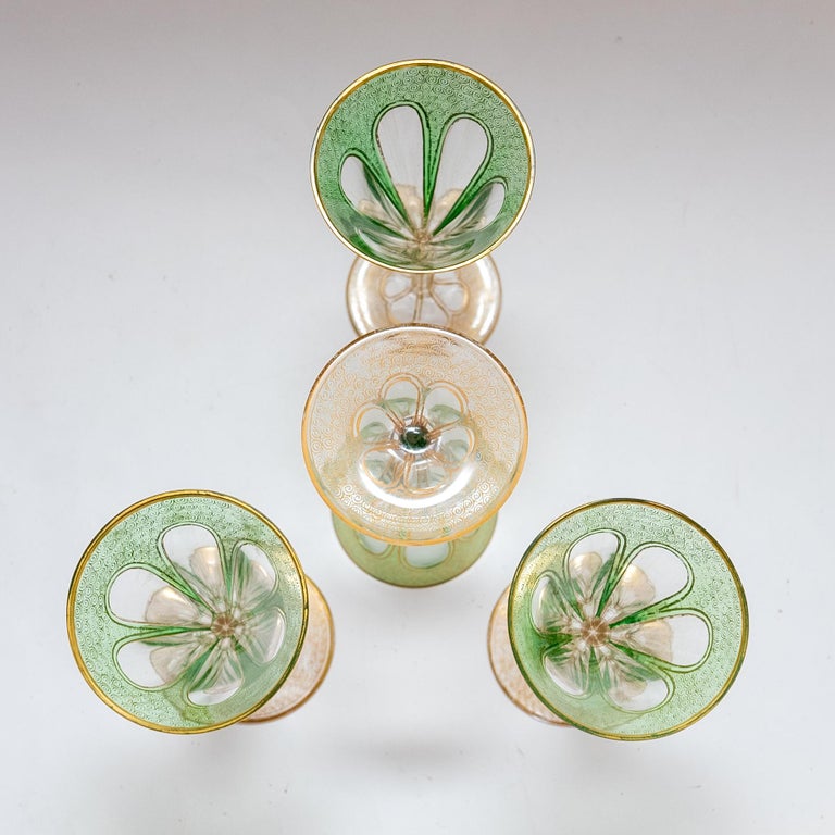 Set of 4 Antique Moser Green and Gilt Crystal Champagne or Cocktail ...