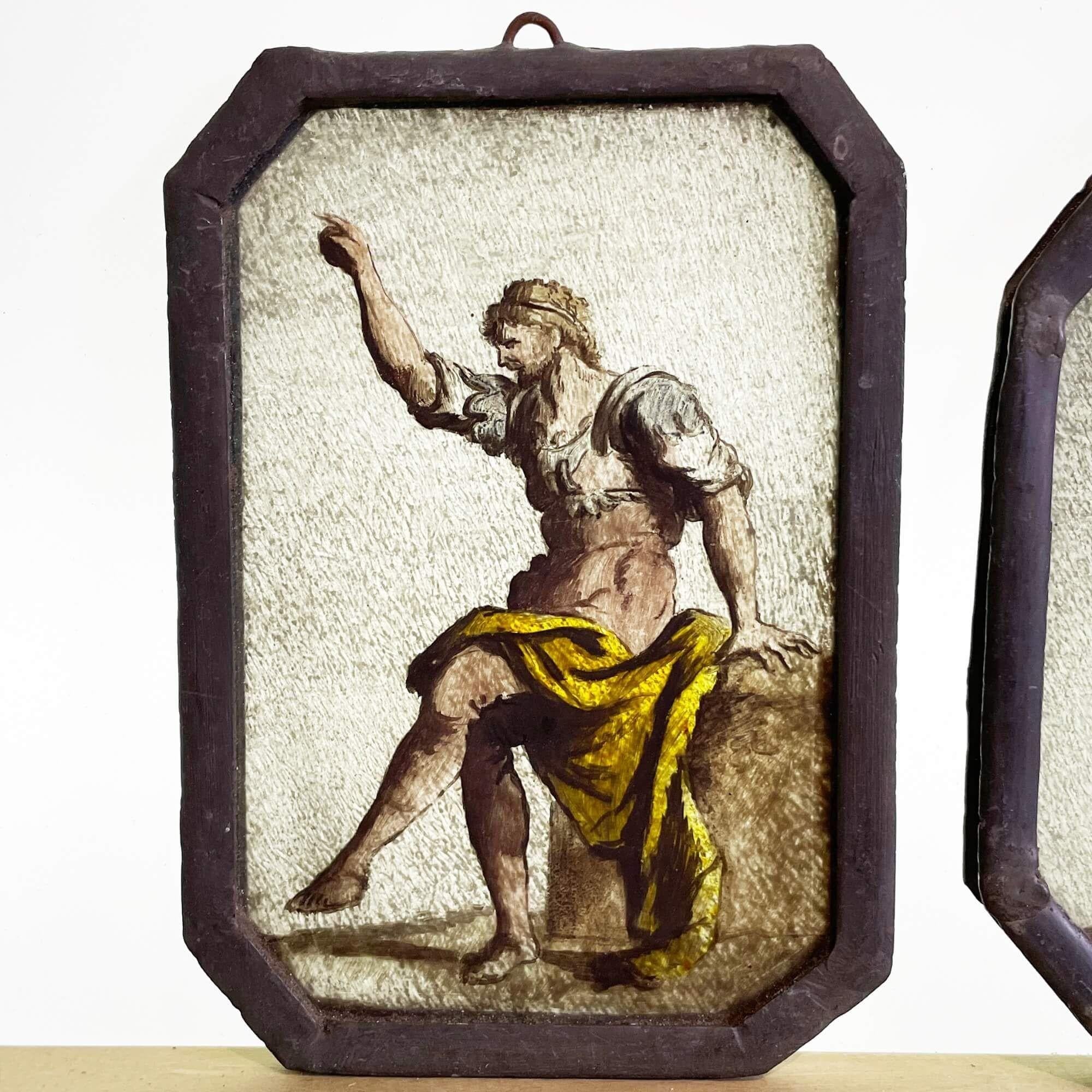 Set Of 4 Antique Stained Glass Panels Of Neoclassical Figures For Sale 2206